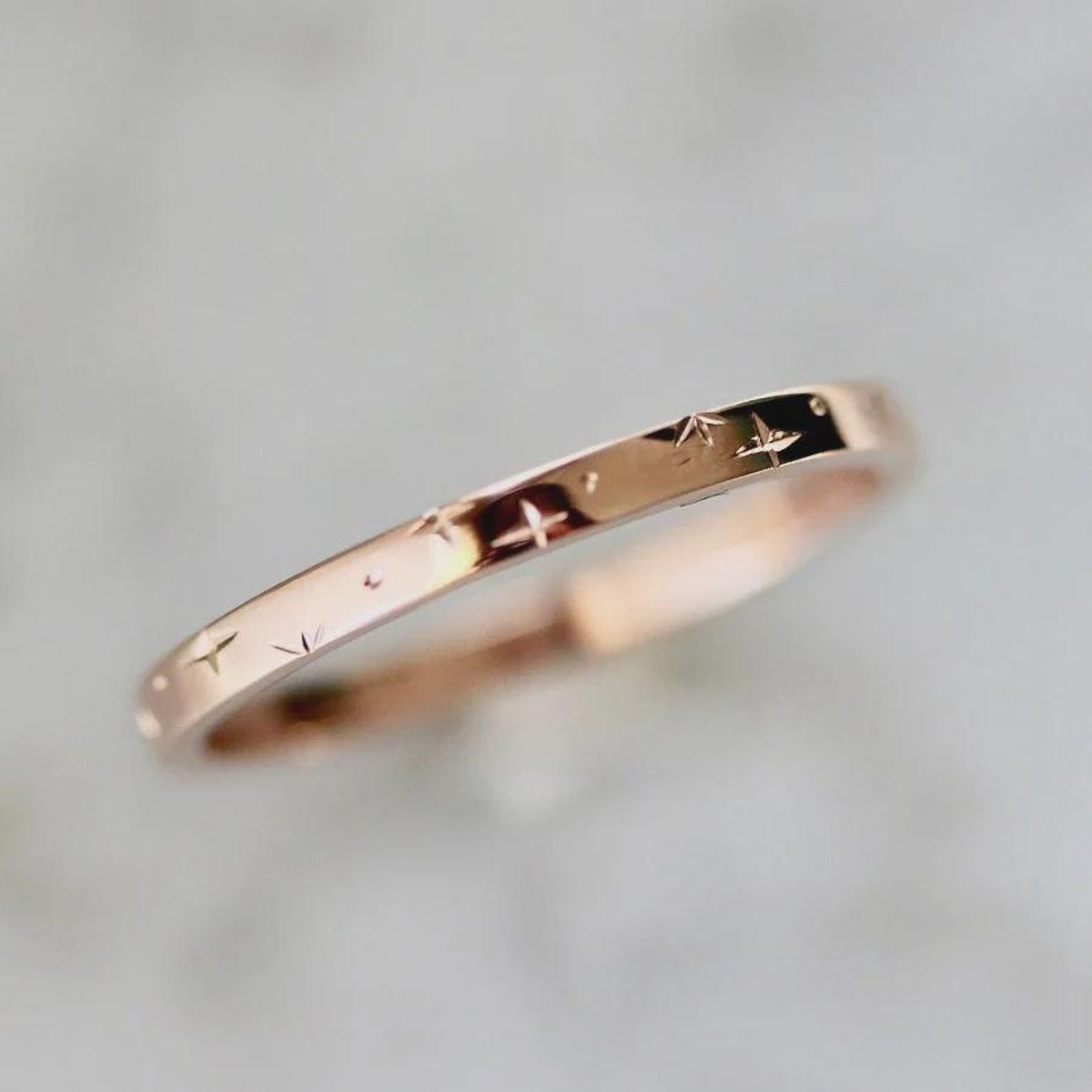 14k Solid Gold Star Engraved Ring: Dainty Celestial Band - Etsy