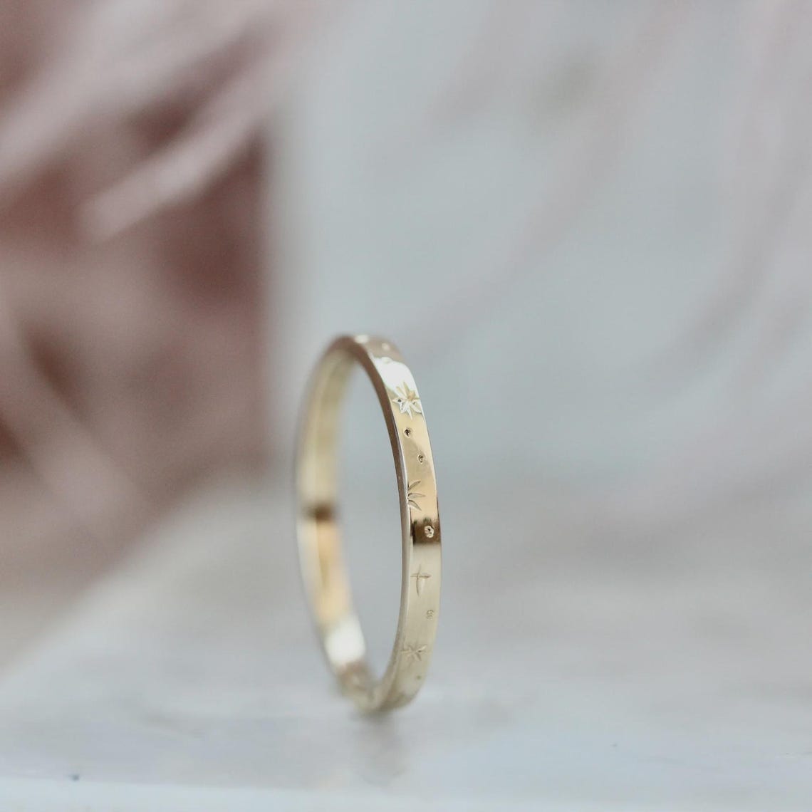 14k Solid Gold Star Engraved Ring: Dainty Celestial Band - Etsy