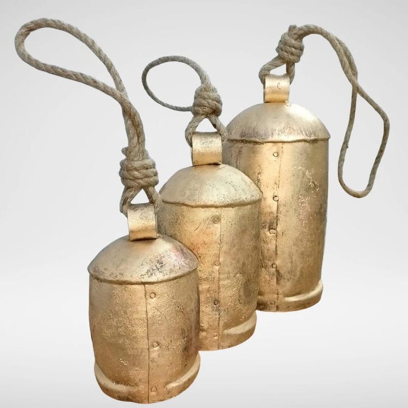 Set of 3 Vintage Christmas Cow Bells, Rustic Brass Finish - Etsy