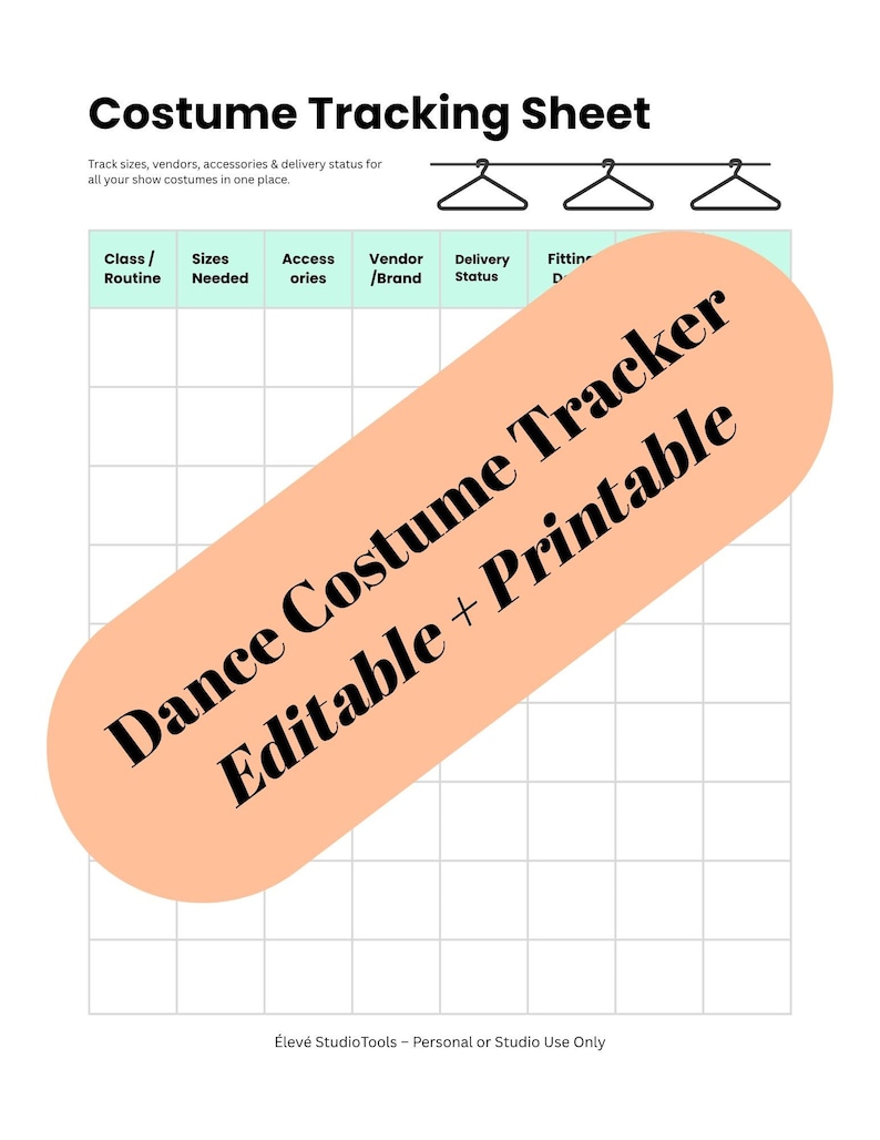 Dance Costume Tracker Sheet – Recital Planning Worksheet for Teachers ...