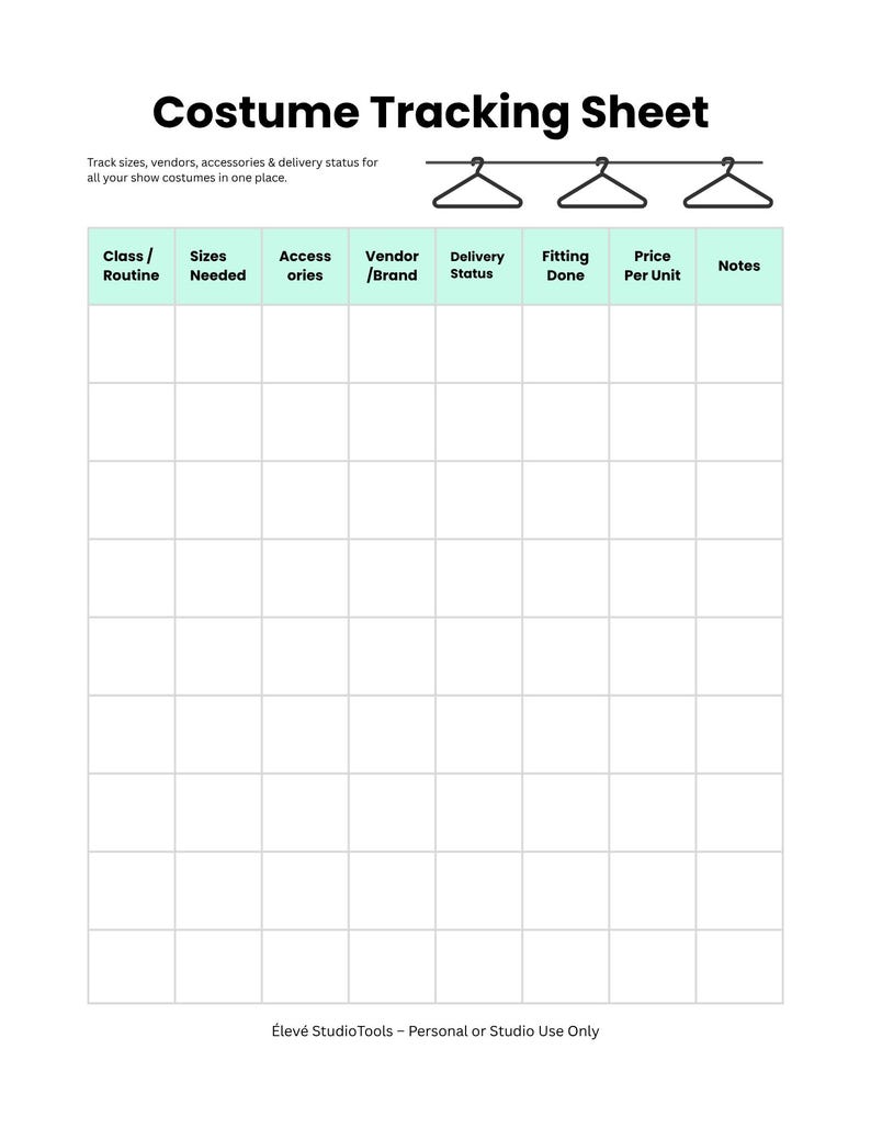 Dance Costume Tracker Sheet – Recital Planning Worksheet for Teachers ...