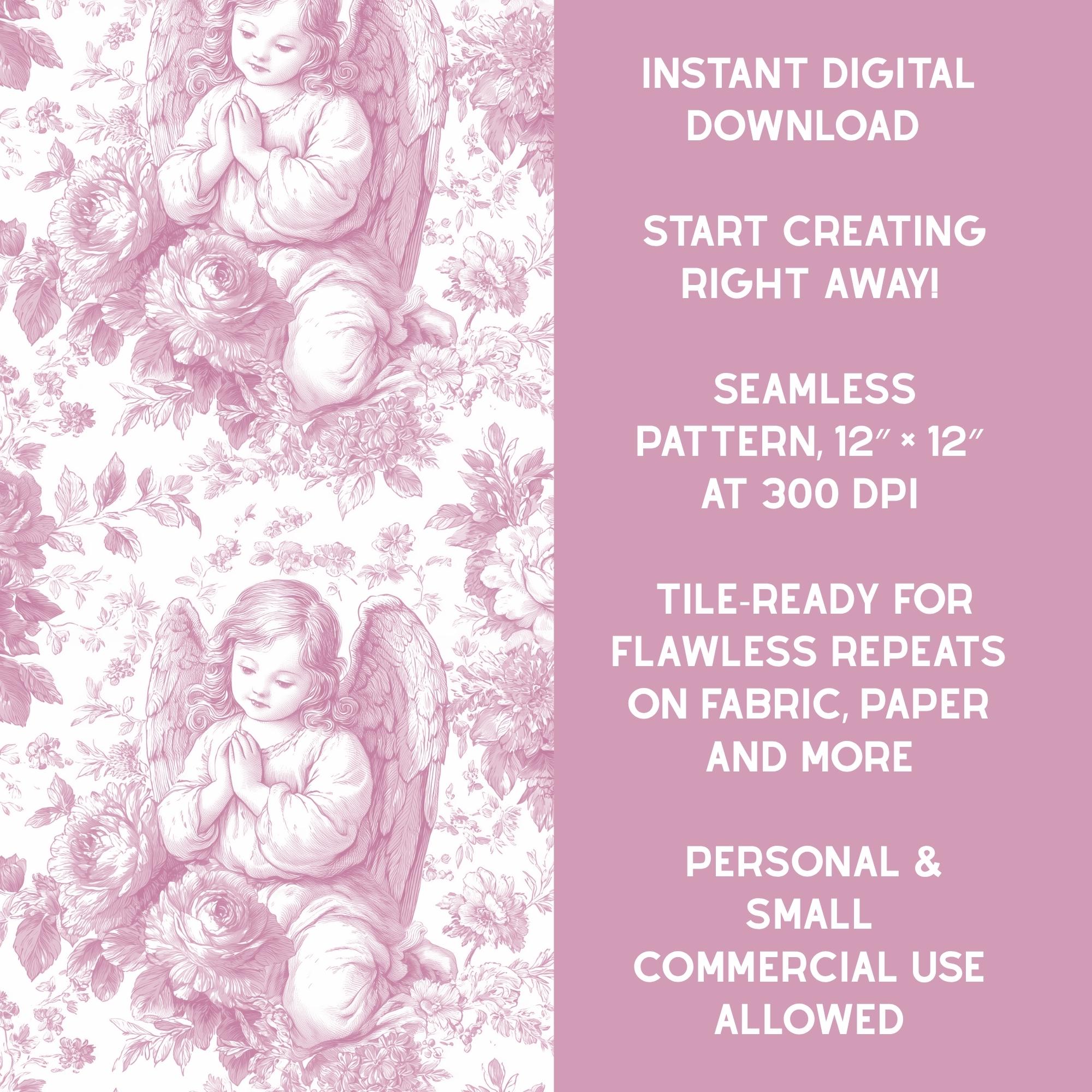 Toile Angel Pattern – Soft Pink Roses & Cherubs, 12×12 JPEG, Seamless ...