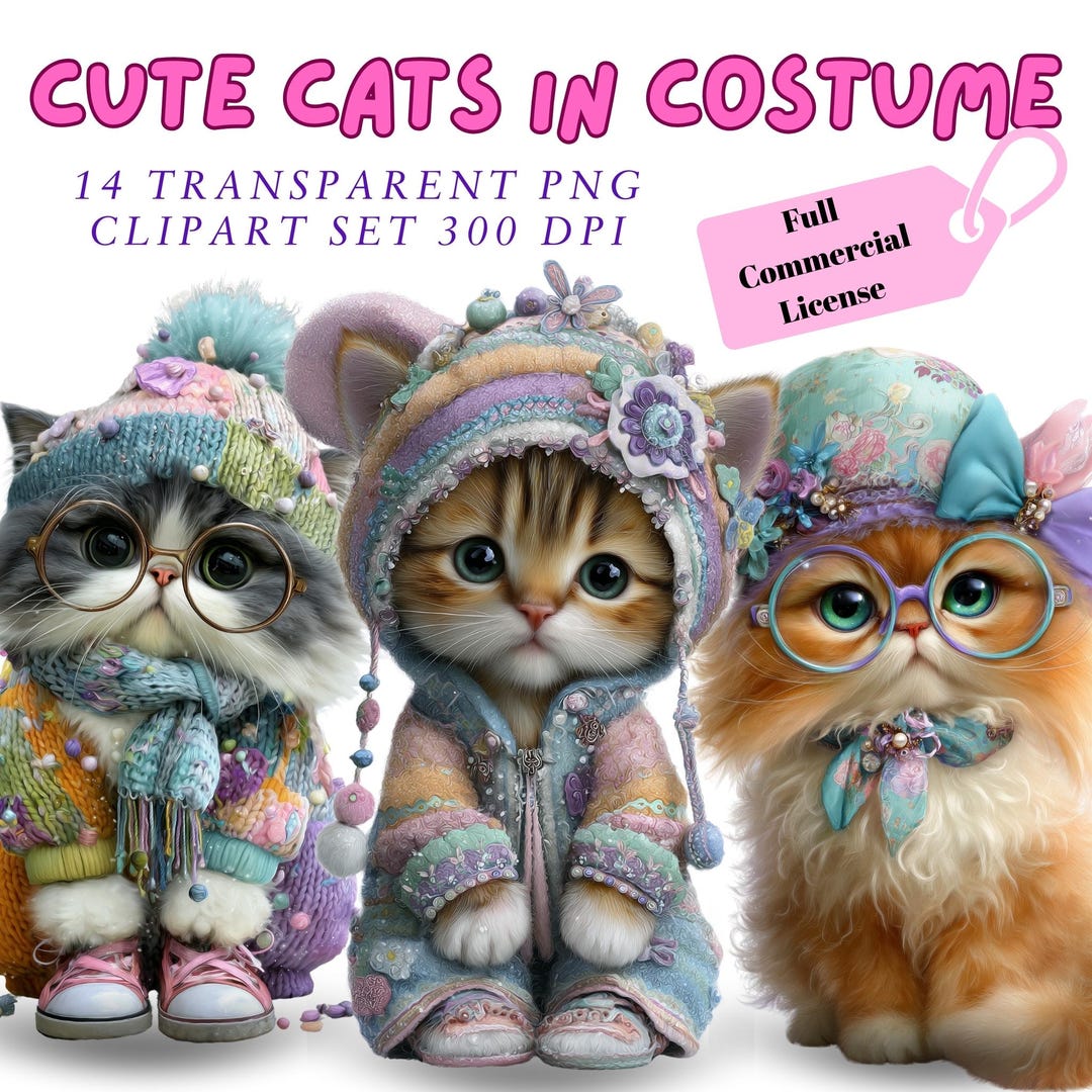 Costume Cats Clipart Set – 14 Dressed-up Kittens (transparent PNG) - Etsy