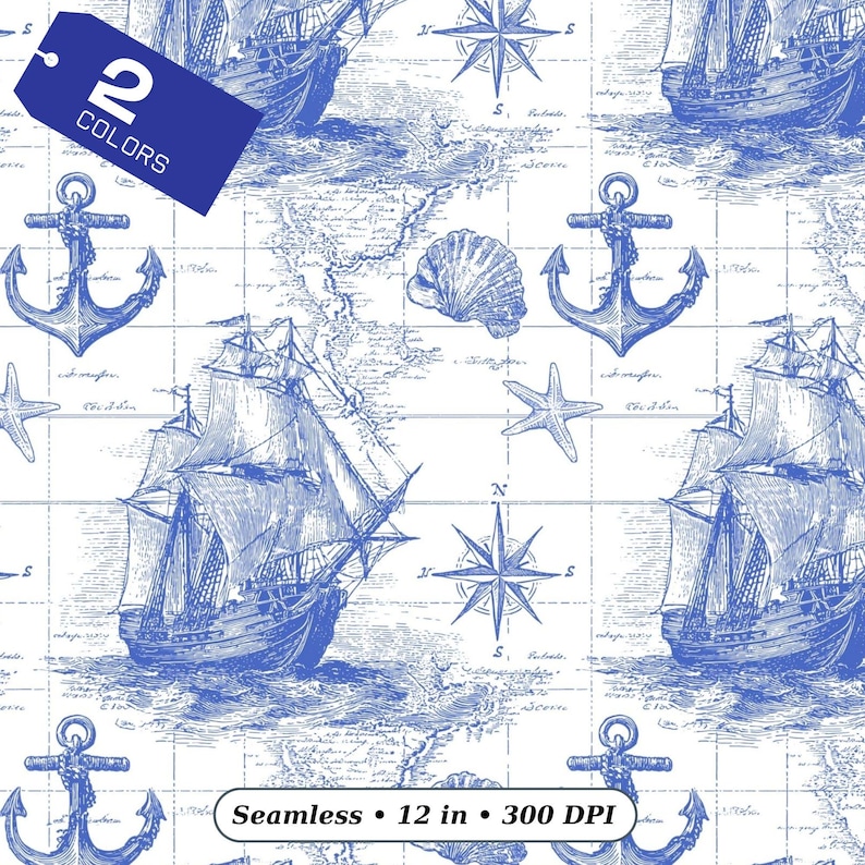 Nautical Toile Seamless Pattern Set 300 DPI, Vintage Ship Anchor ...
