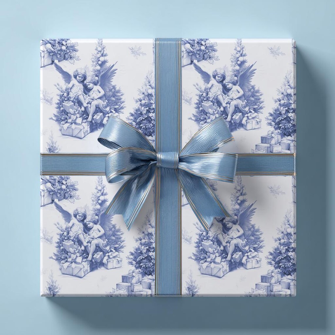 Seamless Pattern Blue Toile Christmas Angels With Gifts 300 DPI - Etsy