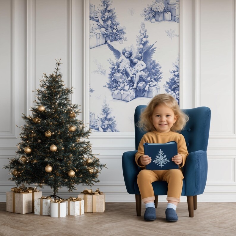 Seamless Pattern Blue Toile Christmas Angels With Gifts 300 DPI - Etsy