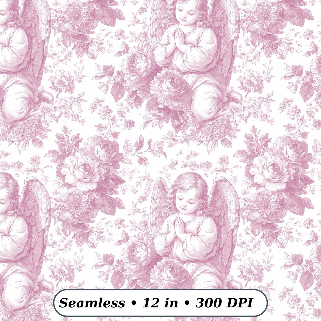 Toile Angel Pattern – Soft Pink Roses & Cherubs, 12×12 JPEG, Seamless ...