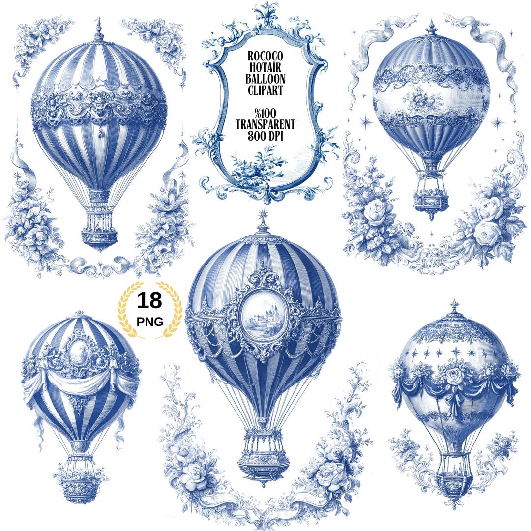 Rococo Hot Air Balloon Clipart Set – 18 Blue Grandmillennial PNG, 300 ...