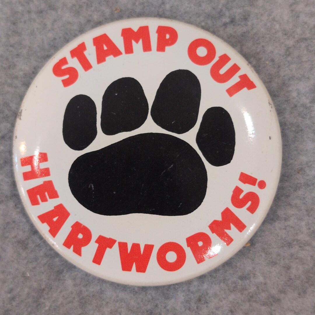 Vintage Stamp Out Heartworms Paw Print Round Pin Button Badge Retro Dog ...
