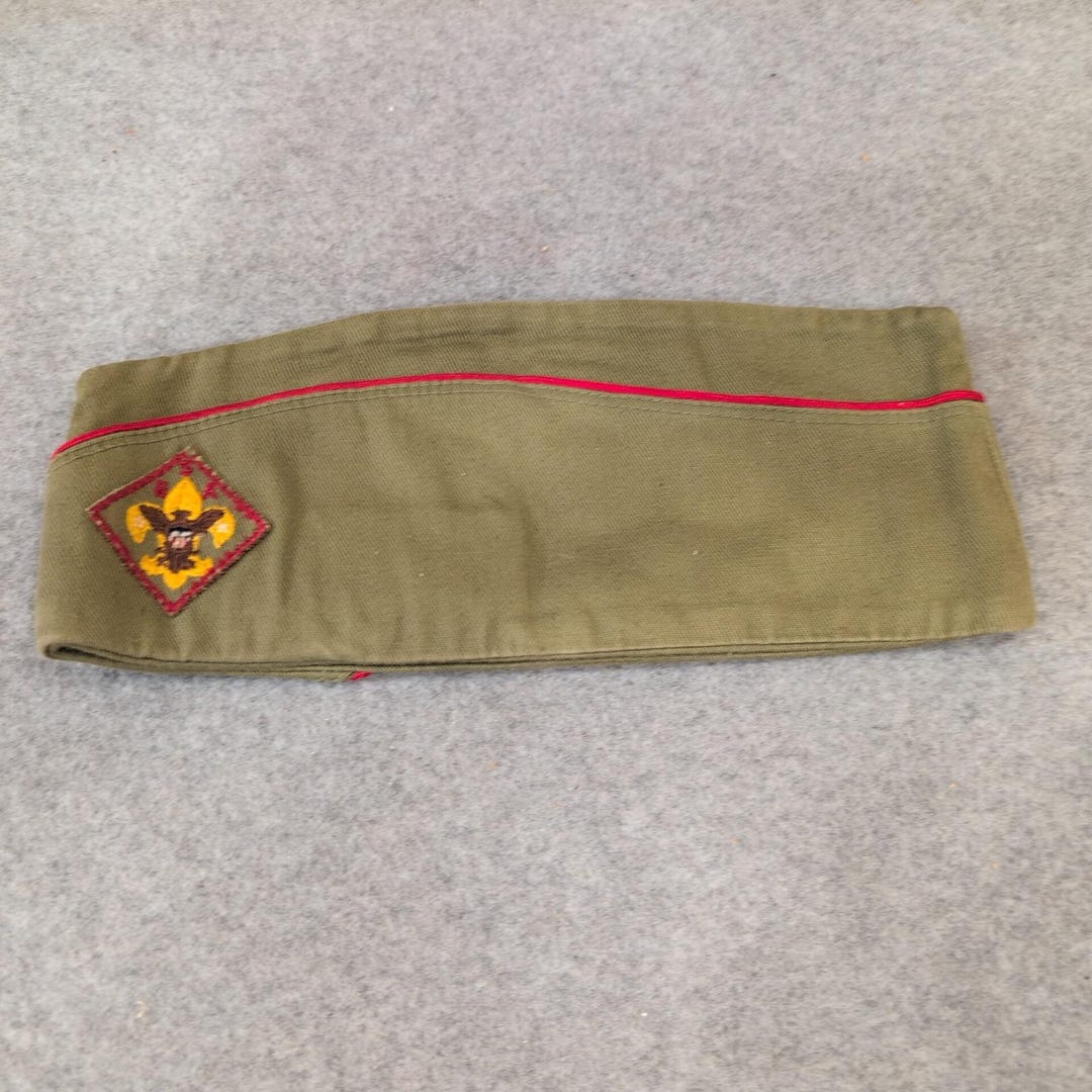 VTG Boy Scout Uniform Garrison Cap Olive Green Red Trim Embroidered ...