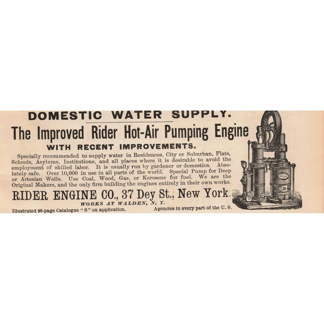 1891 Rider Engine Co Improved Hot Air Pumping Engine Print Ad Water ...