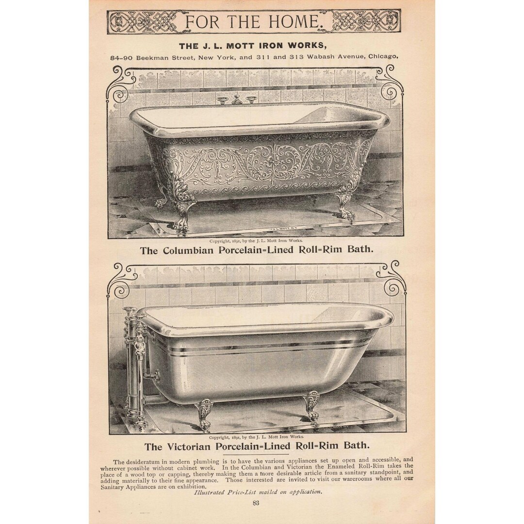 1892 J L Mott Iron Works Columbian Porcelain Lined Roll Rim Bath Tub ...