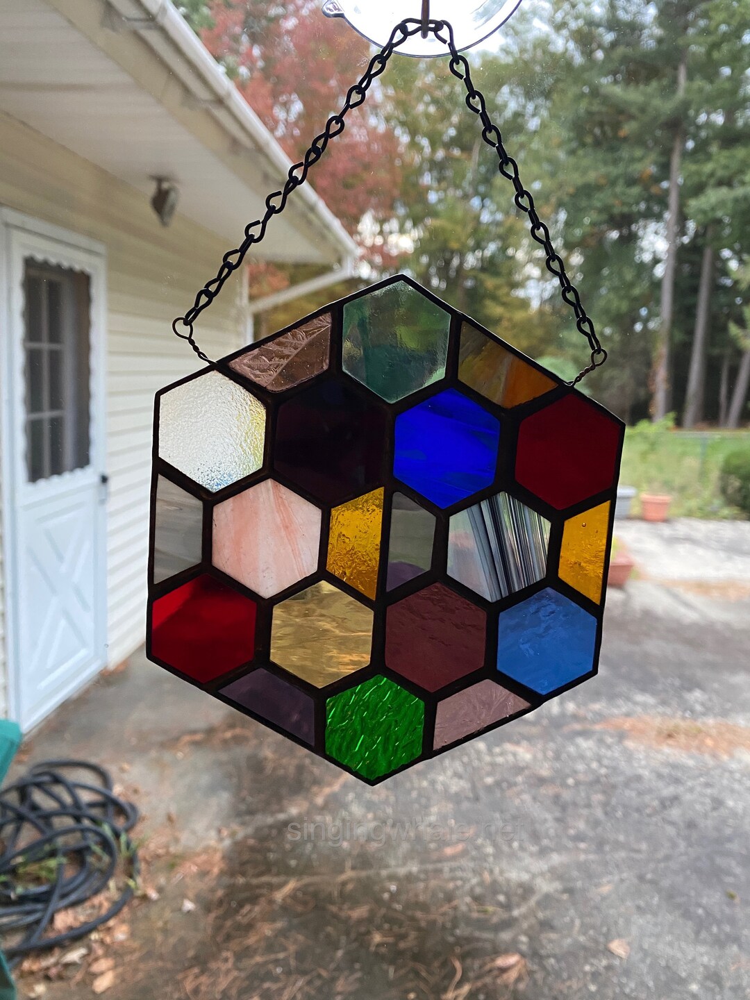 Stained Glass Hexagon Suncatcher - Patchwork Decor, Various Colors ...