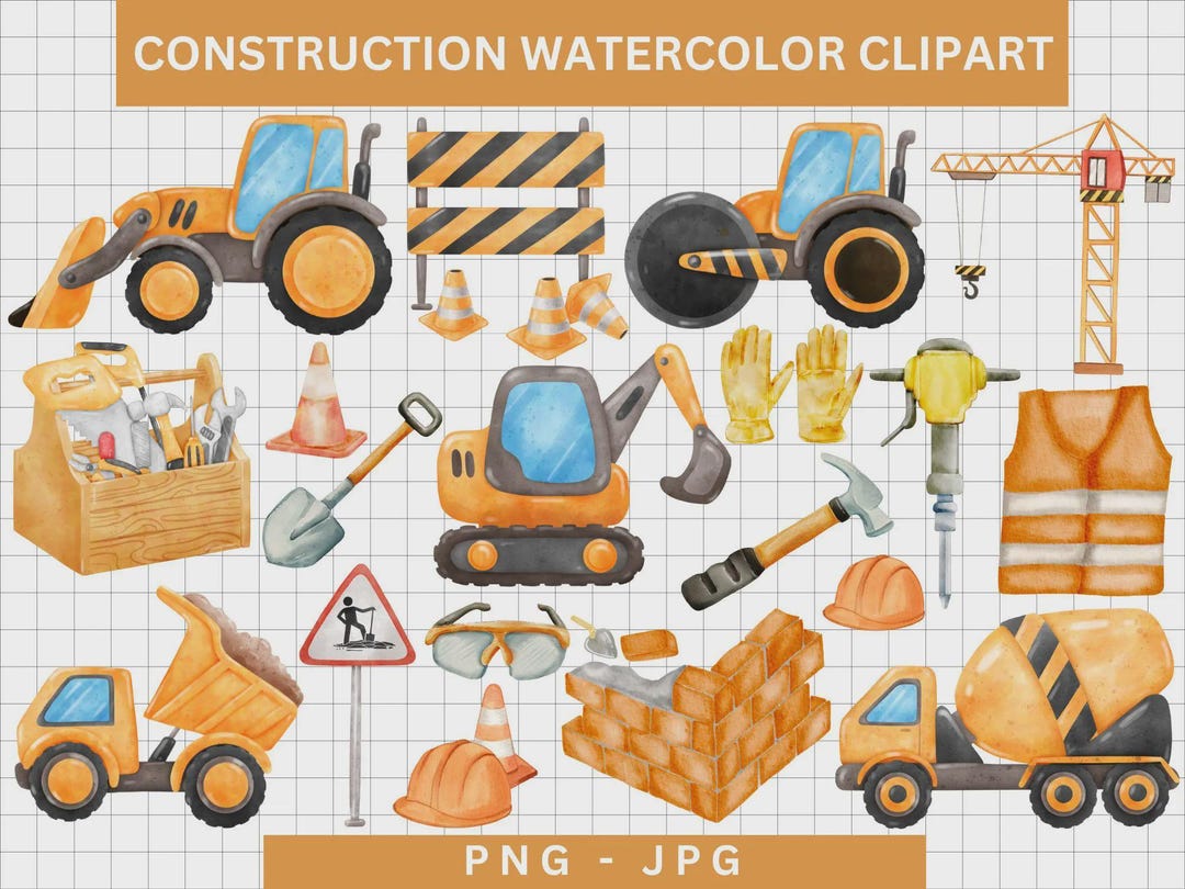 Watercolor Construction Clipart Bundle, Kids Birthday (digital Download ...