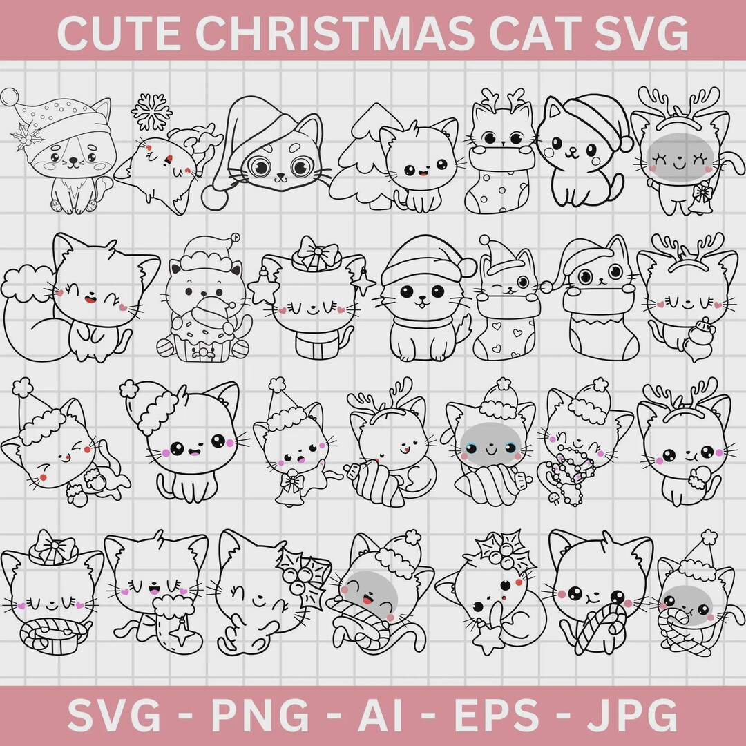 Christmas Cat Doodles SVG Bundle: Holiday Kitten Clipart (digital ...