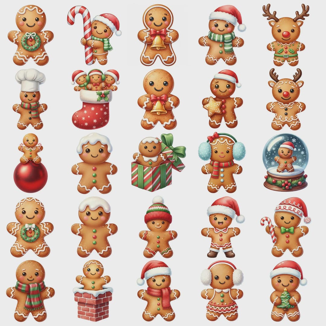 Gingerbread Man Clipart Bundle, 180+ PNG Festive Christmas Cookie ...