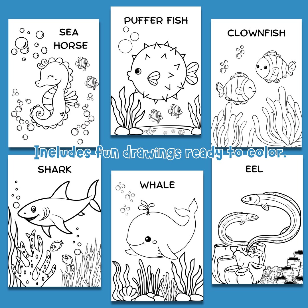 Aquatic Animals Coloring Book. Instant Download, PDF, 8.5x11 In, 16 ...