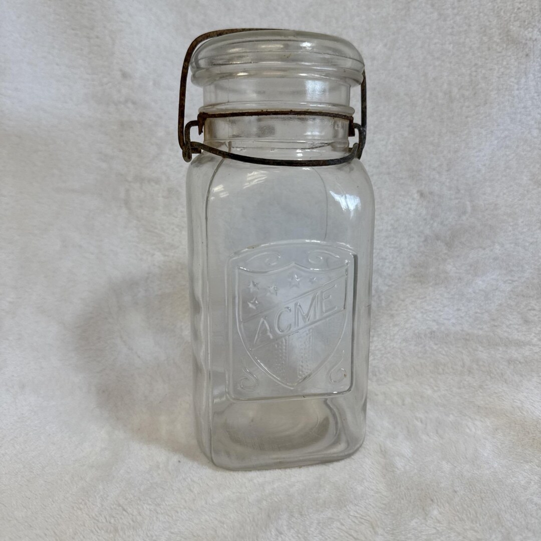 Vintage ACME Square Clear Quart Mason Canning Jar With Glass Lid & Wire ...