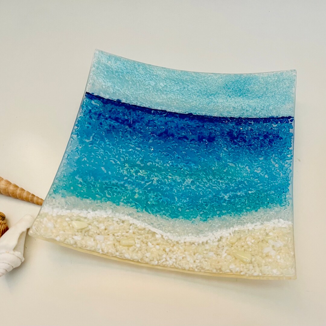 Fused Glass Beach Plate, Turquoise Blue Sea Glass Dish, Ocean Glass Art ...