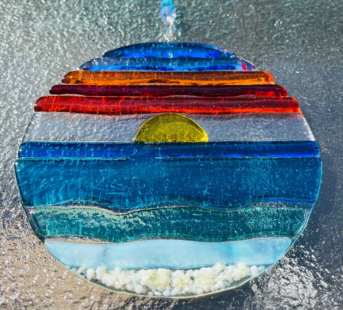 Fused Glass Beach Sunset Suncatcher Round Sunset Glass Wall - Etsy