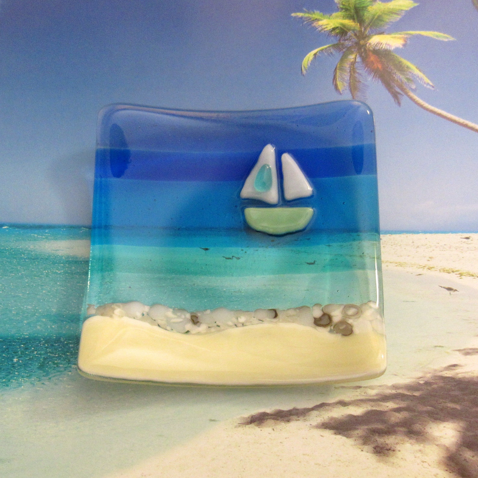 Beach Glass Dish Sailing Boat Art Plate Turquoise Sea Glass - Etsy
