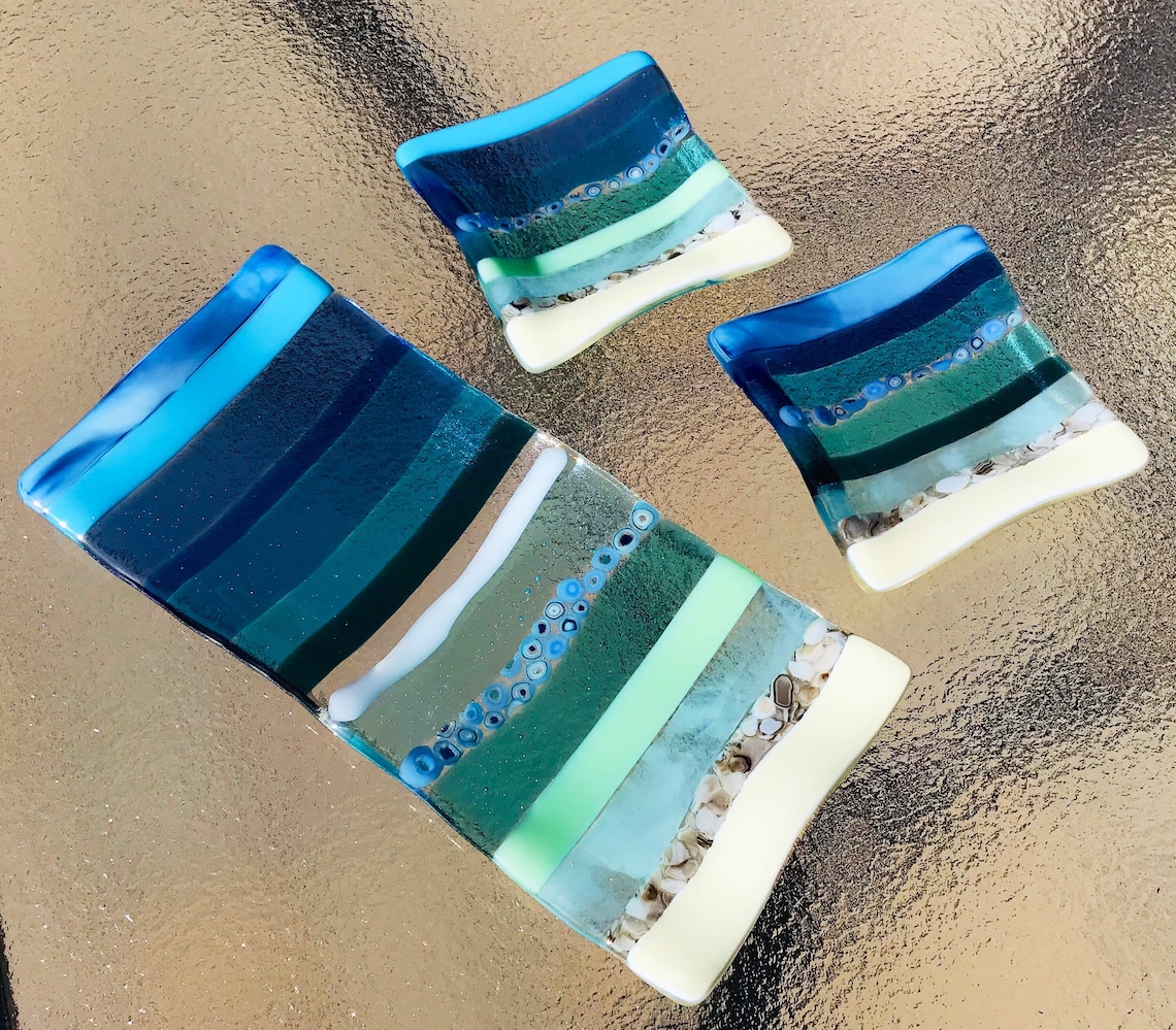Handmade Fused Glass Beach Plate Set, Ocean Sushi Dishes, Murrine Art ...