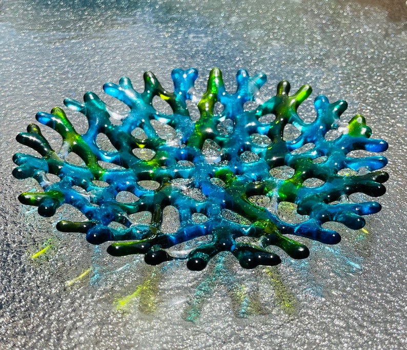 Fused Glass Coral Plate, Turquoise Green Branching Coral Decor - Etsy