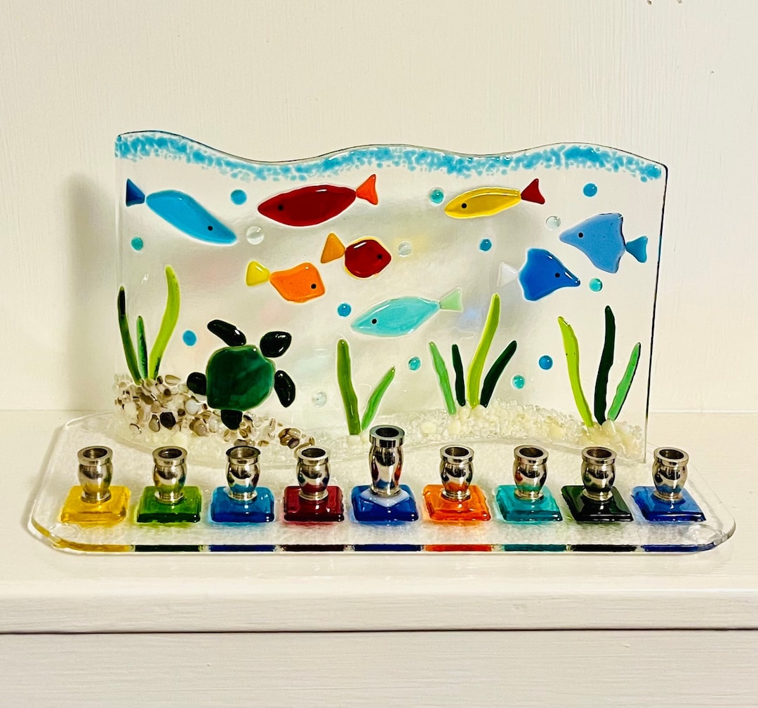 Fused Glass Ocean Wave Menorah, Glass Sea Turtle Menorah, Glass Fish ...