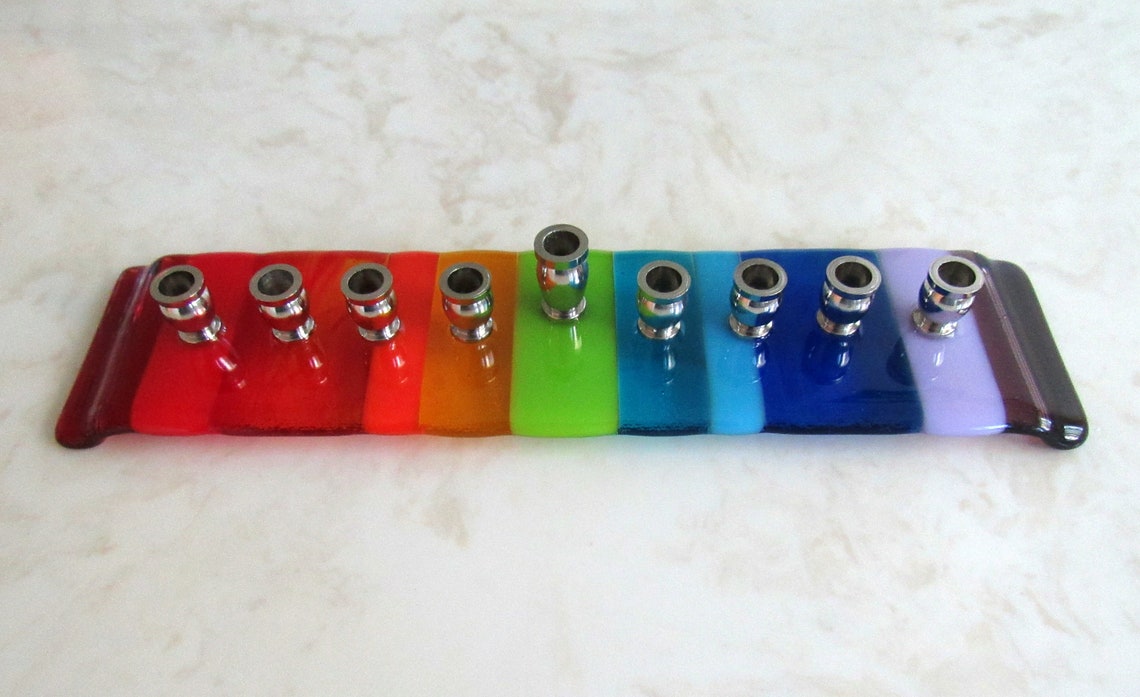 Rainbow Hanukkah Menorah Fused Glass Rainbow Menorah Bat Bar - Etsy UK