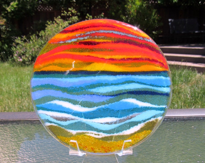 Fused Glass Beach House Decor, Ocean Beach Sunset Art With Stand ...