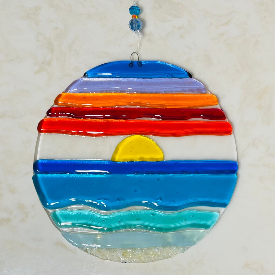 Fused Glass Beach Sunset Suncatcher Round Sunset Glass Wall - Etsy