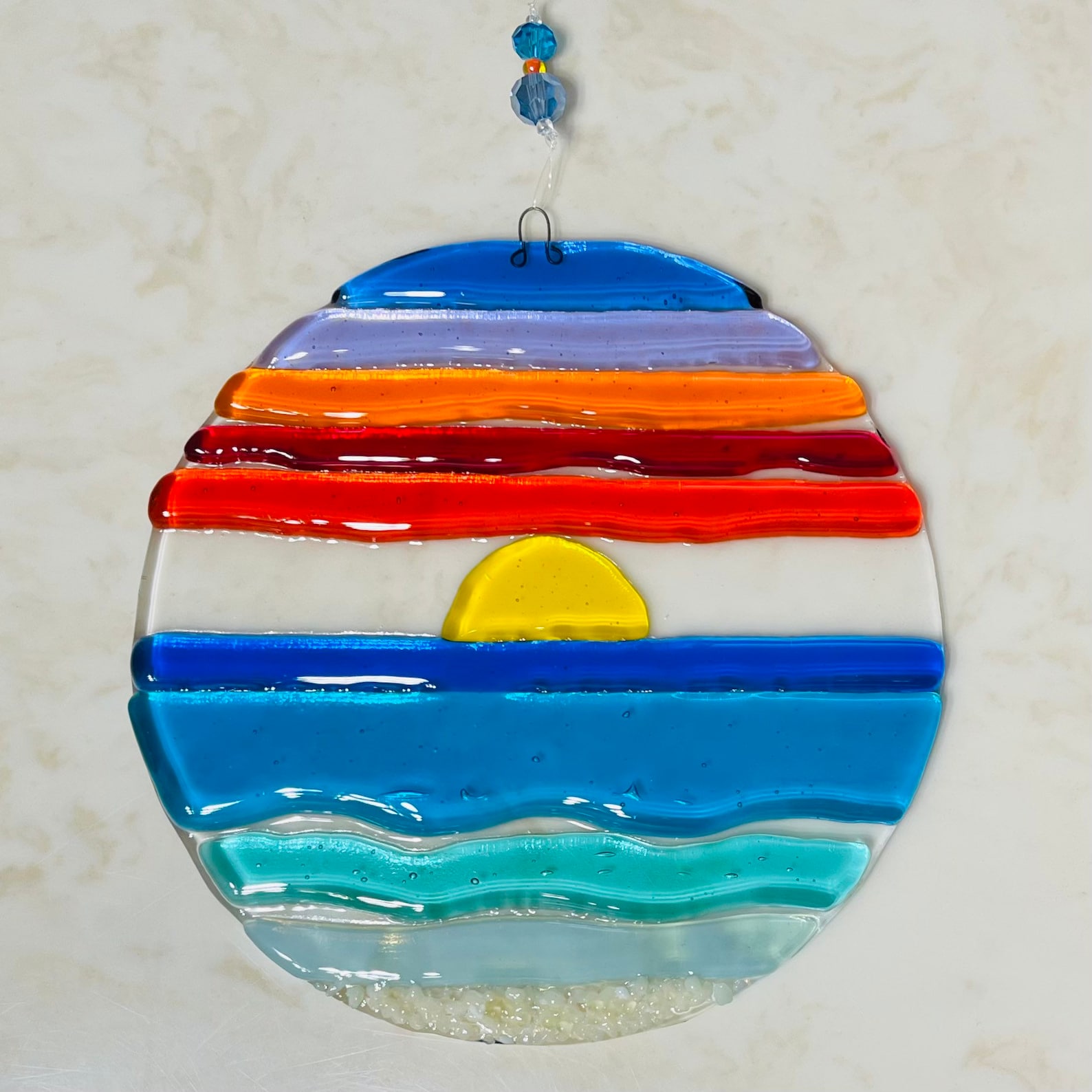Fused Glass Beach Sunset Suncatcher Round Sunset Glass Wall - Etsy