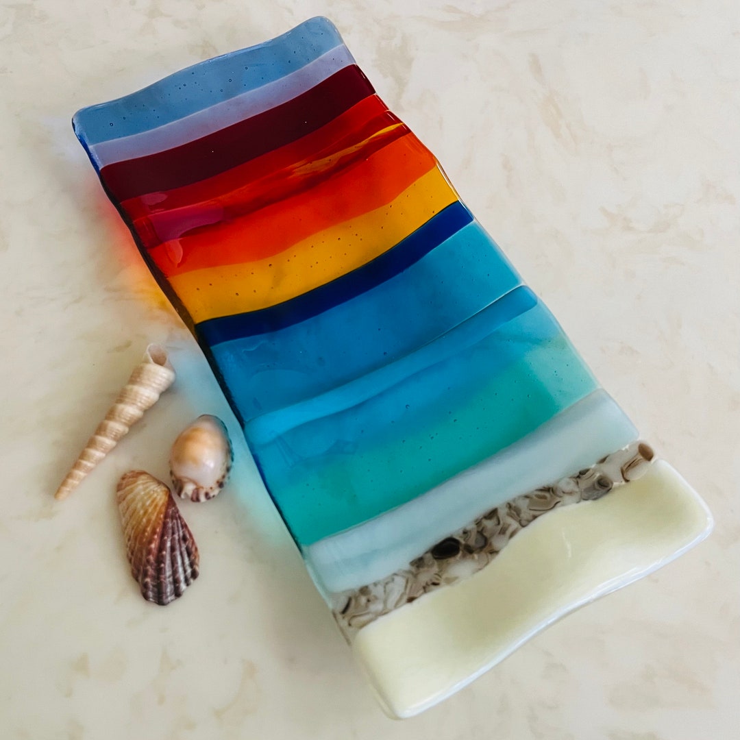 Fused Glass Beach Sunset Plate, Sunset Beach Appetizer Dish, Turquoise ...