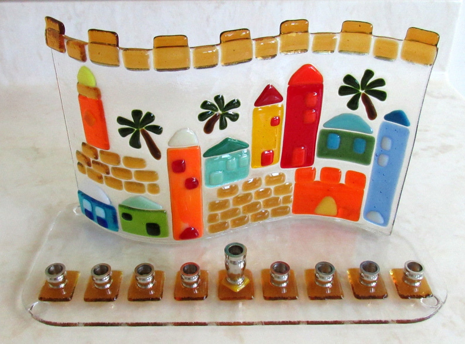 Fused Glass Hanukkah Menorah, Jerusalem Scene, Jewish Gift - Etsy