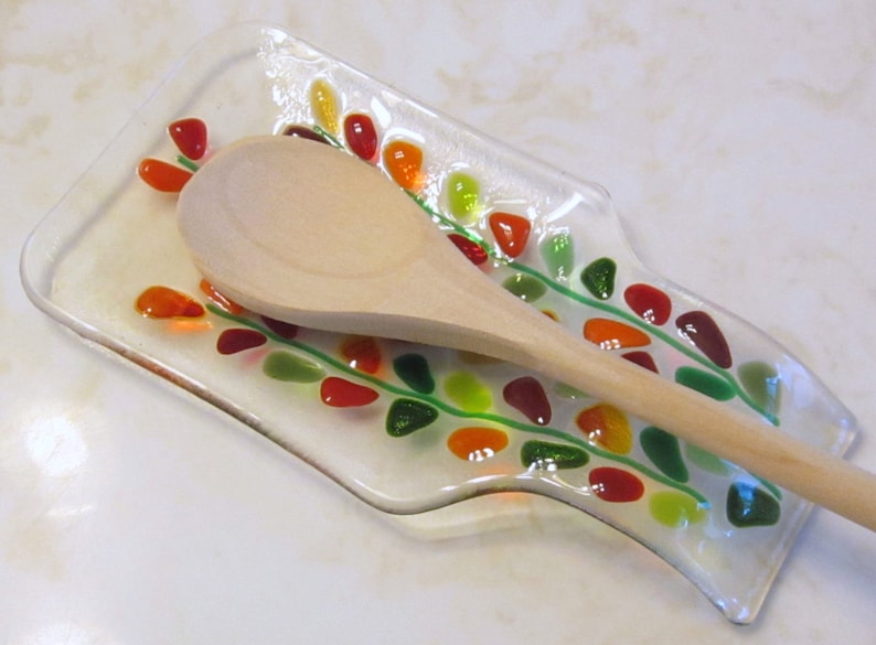 Fused Glass Spoon Rest, Floral, Blooming Branches in Reds, Gift for the ...