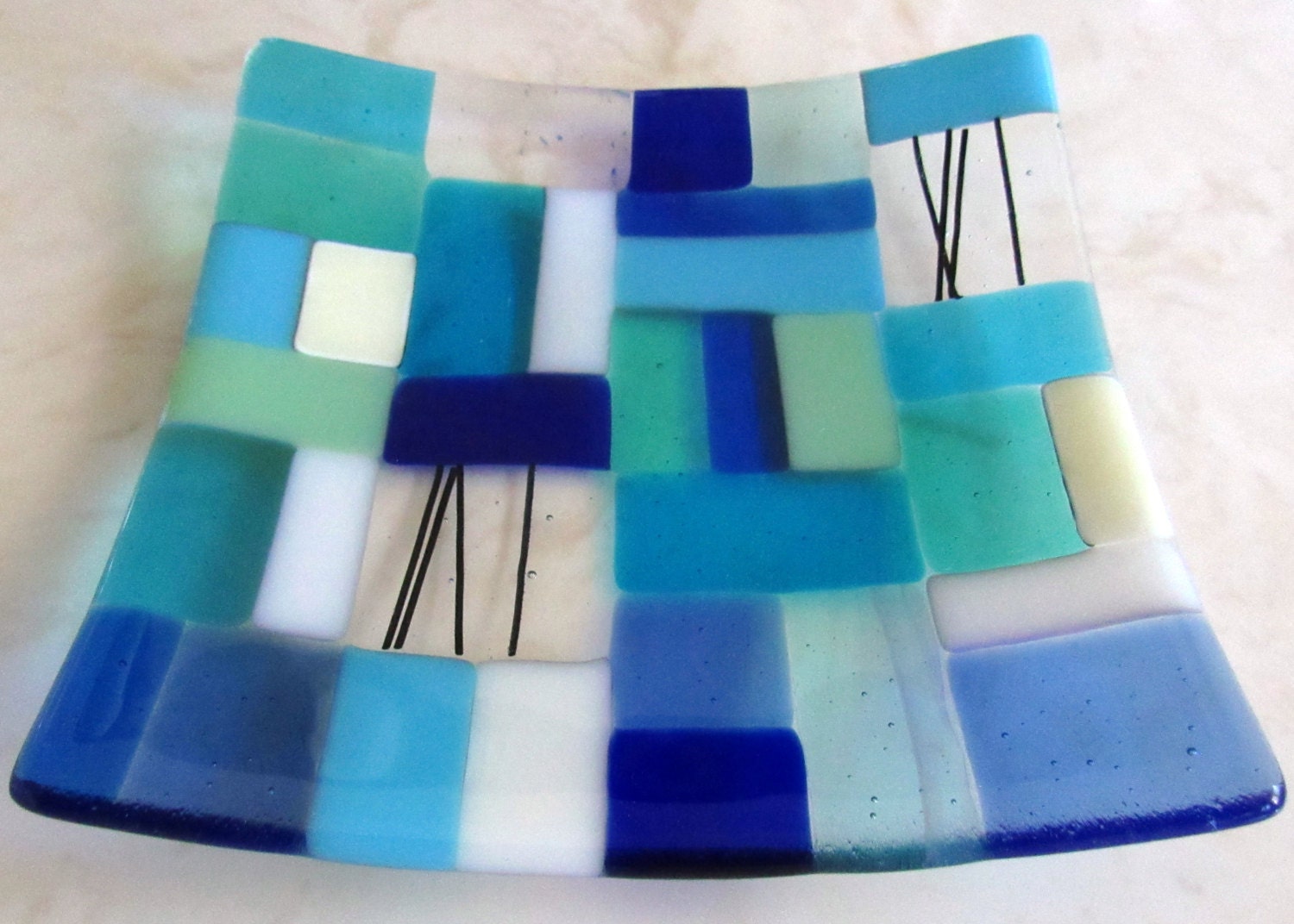 Fused Glass Plate Modern Mosaic in Blue and Turquoise Ocean | Etsy