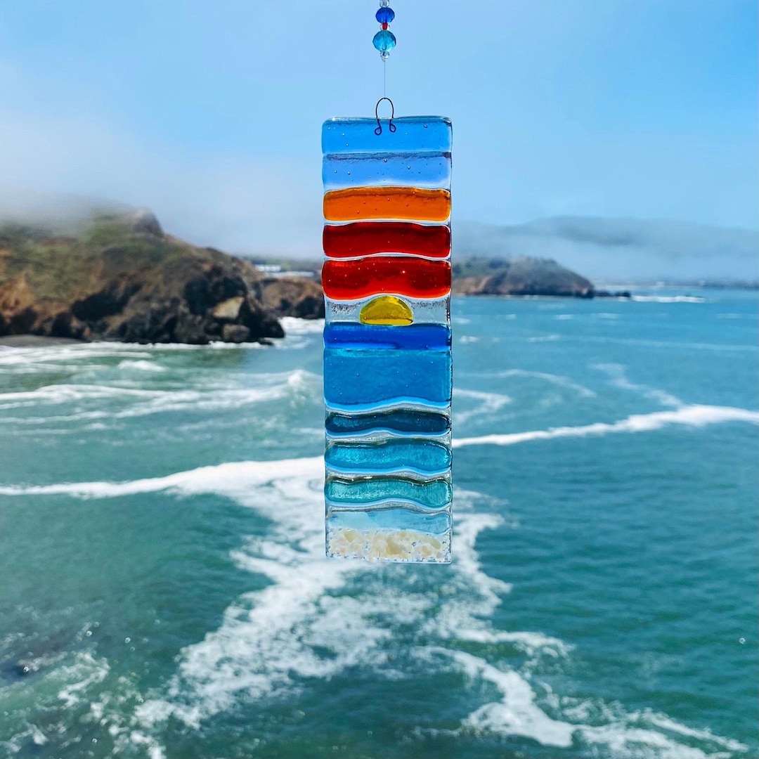 Fused Glass Beach Sunset Suncatcher, Ocean Waves Wall Art - Etsy