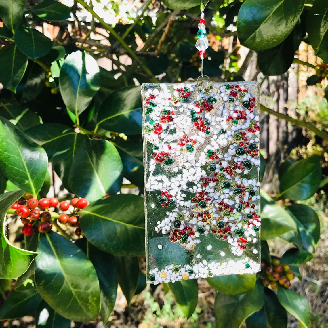 Fused Glass Winter Tree Suncatcher, Red Berry Snow Scene - Etsy