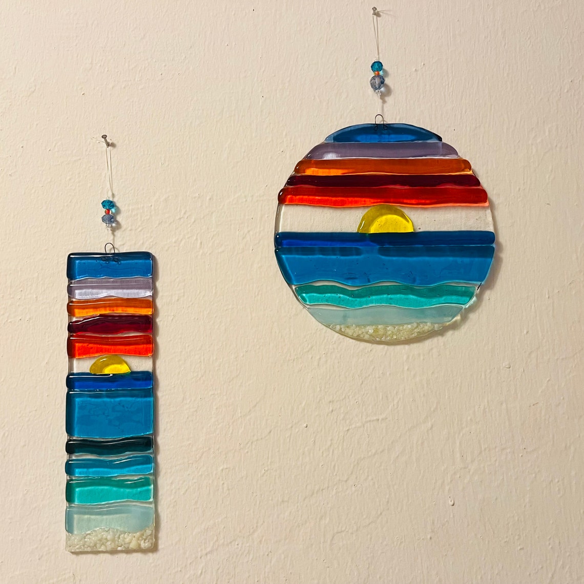 Fused Glass Beach Sunset Suncatcher Round Sunset Glass Wall - Etsy