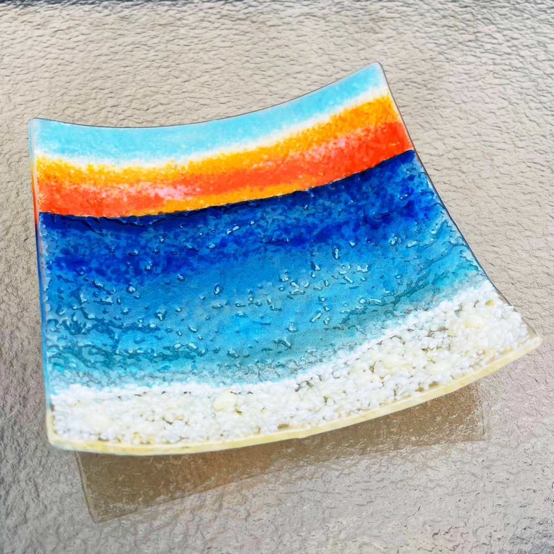 Fused Glass Beach Sunset Plate, Sunset at the Beach Glass Dish, Ocean ...