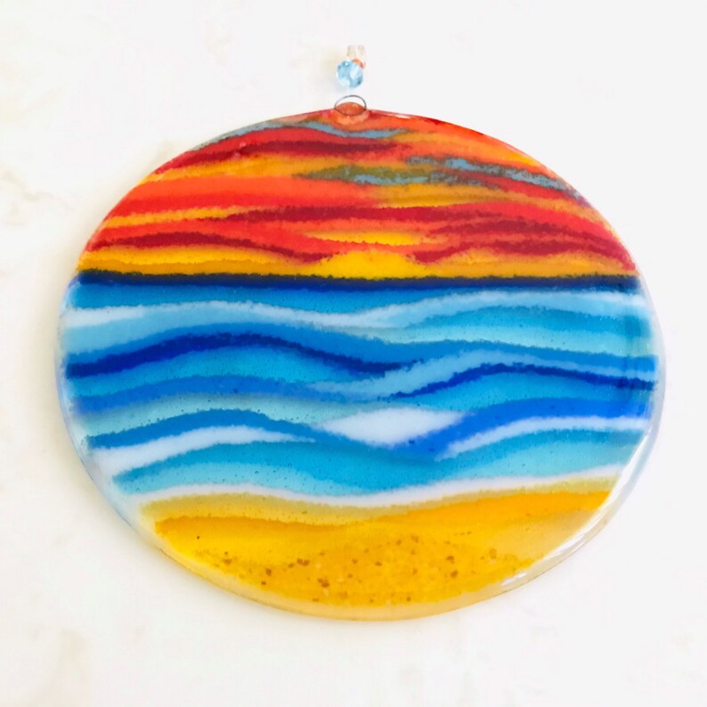 Fused Glass Beach Sunset Suncatcher Ocean Beach Sunset Art - Etsy