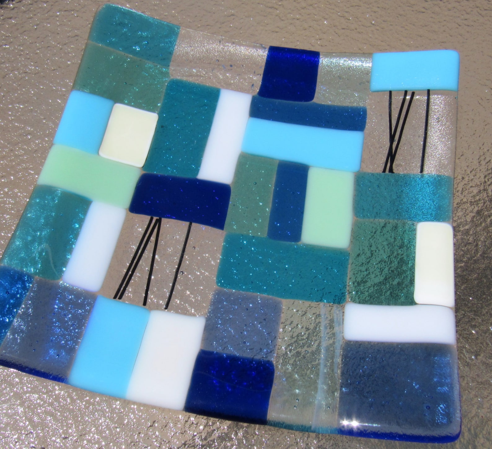 Fused Glass Plate Modern Mosaic in Blue and Turquoise Ocean - Etsy