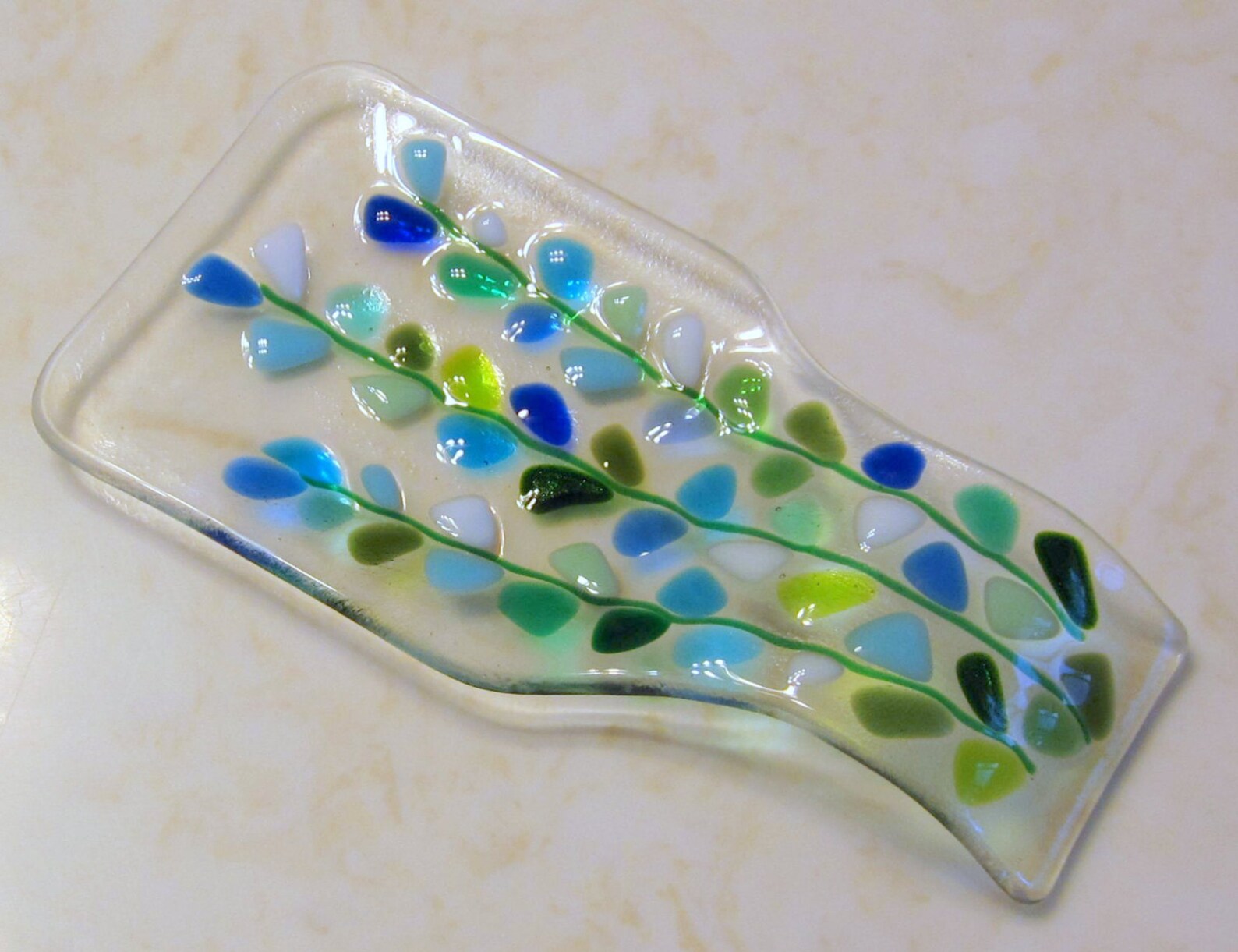 Glass Spoon Rest, Modern Fused Glass, Blooming Branches in Blue ...