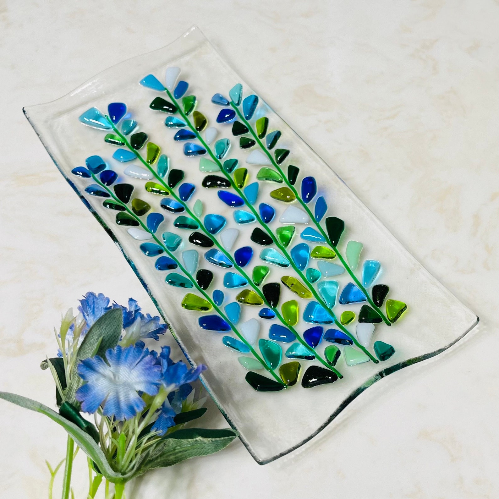 Fused Glass Plate, Turquoise Blue Blooming Branches Design, Beach ...