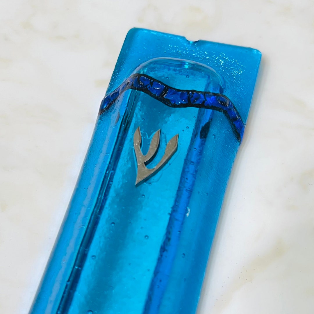 Fused Glass Mezuzah, Iridized Turquoise Mezuzah, Judaica Wedding Glass ...