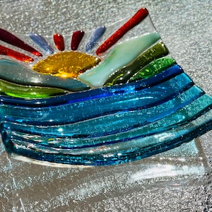 Fused Glass Sunset Plate, Sunset Over Mountain Lake, Sunset Beach Dish ...