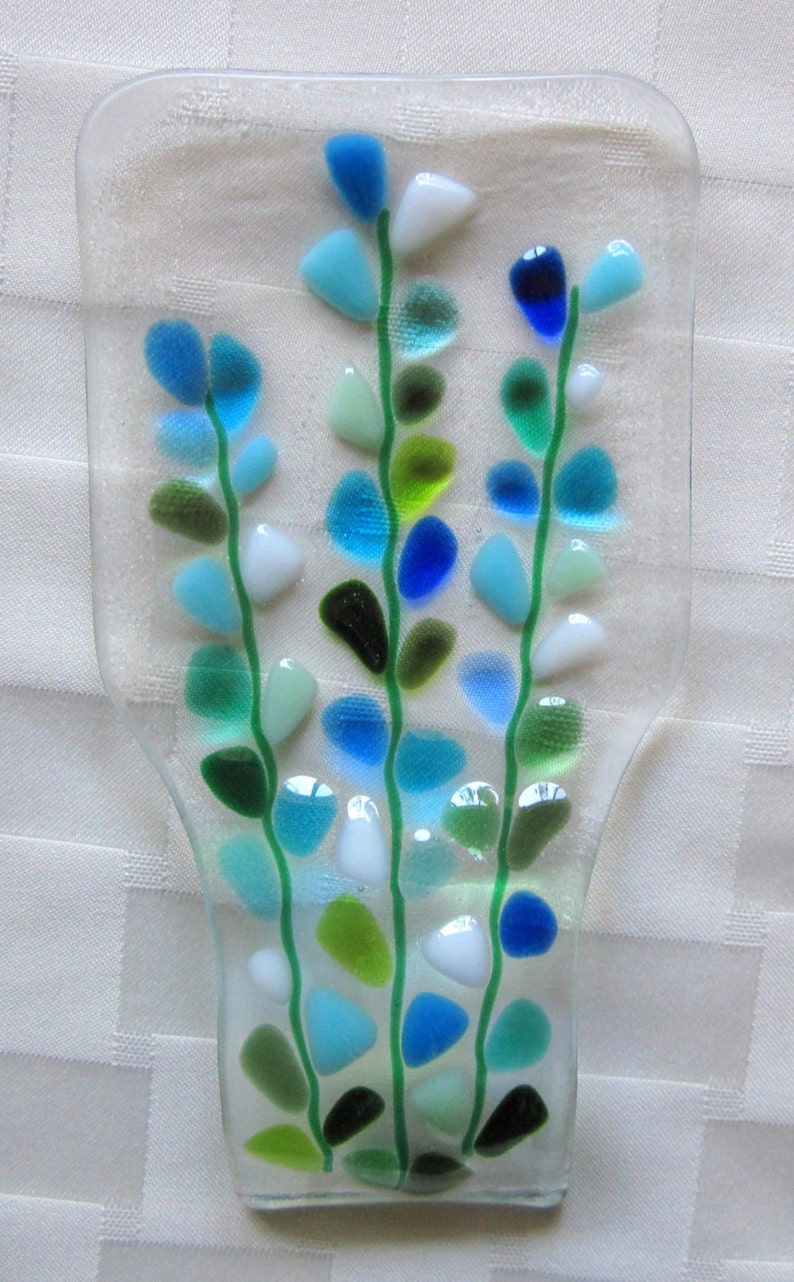 Glass Spoon Rest, Modern Fused Glass, Blooming Branches in Blue ...