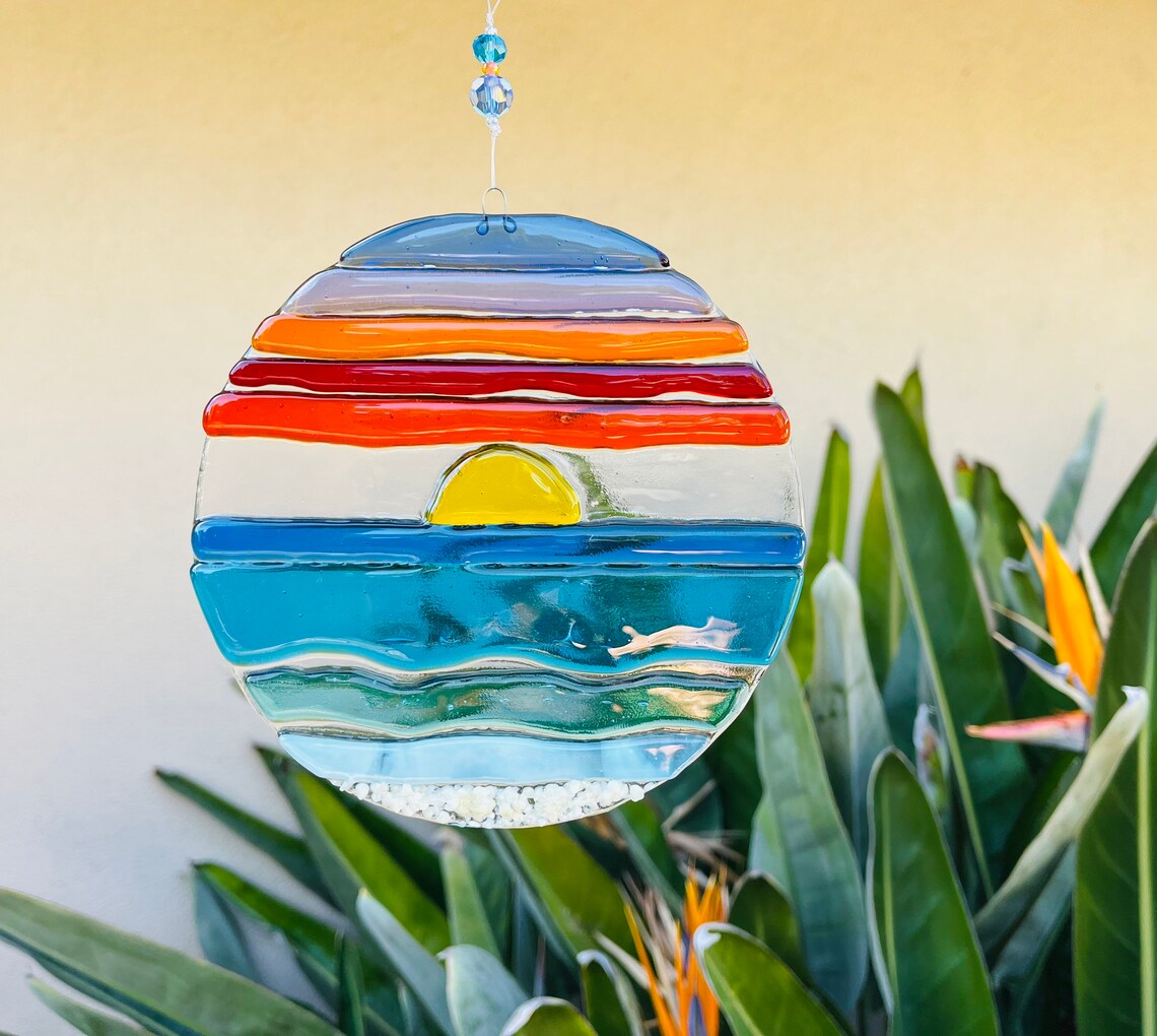 Fused Glass Beach Sunset Suncatcher Round Sunset Glass Wall - Etsy