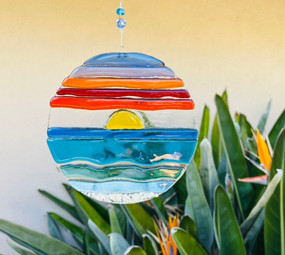 Fused Glass Beach Sunset Suncatcher Round Sunset Glass Wall - Etsy