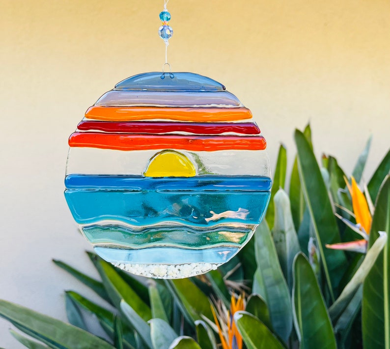 Fused Glass Beach Sunset Suncatcher Round Sunset Glass Wall - Etsy